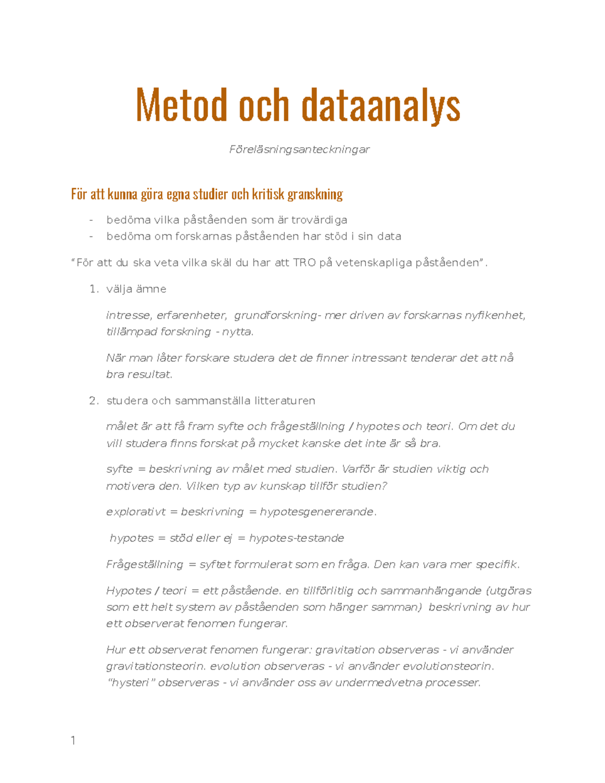 Lektionsplan - föreläsning 1,2,3 i metod och dataanalys 1 av henrik ...