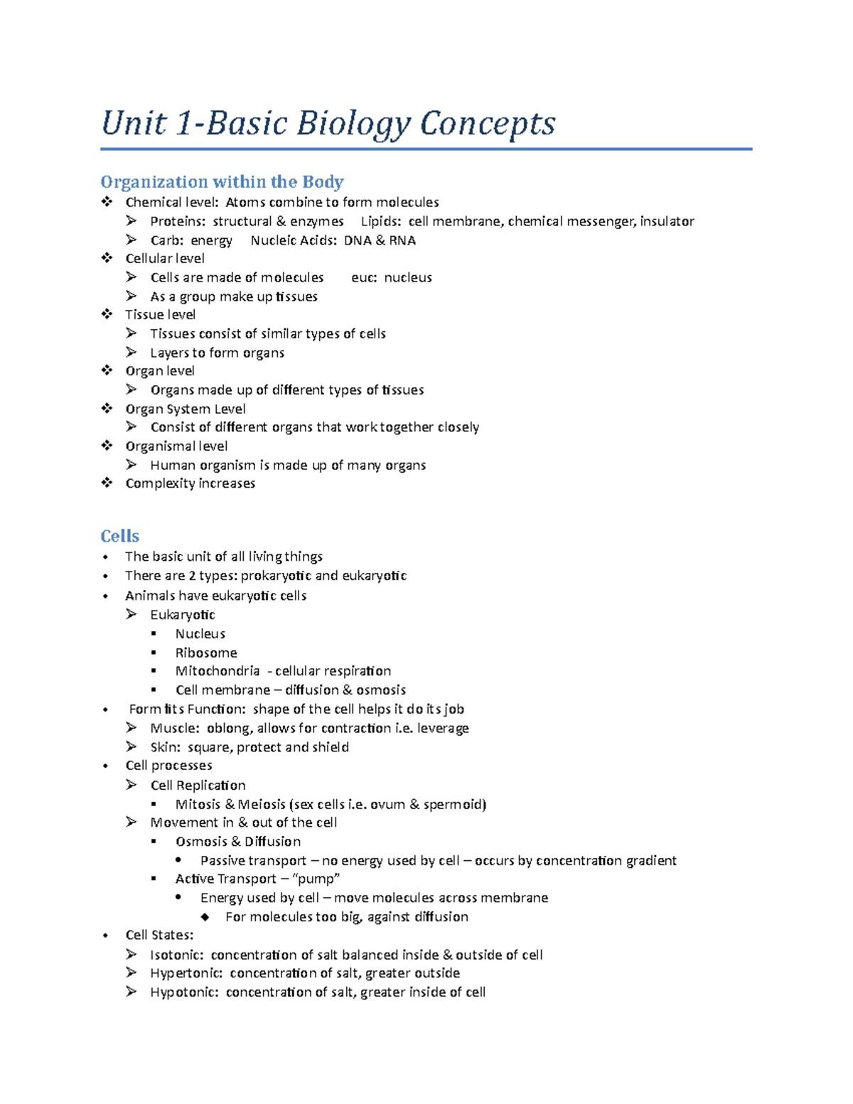 intro Basic Human Anatomy - Unit 1-Basic Biology Concepts Organization ...