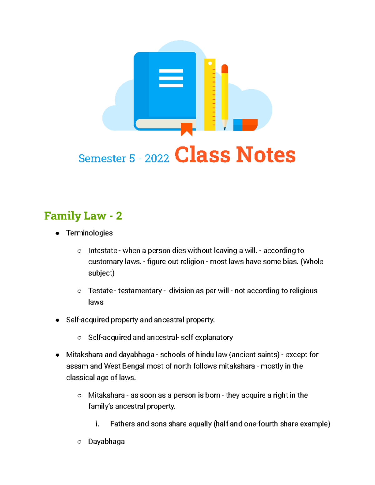 Class notes - Semester 5 - 2022 Class Notes Family Law - 2 ...