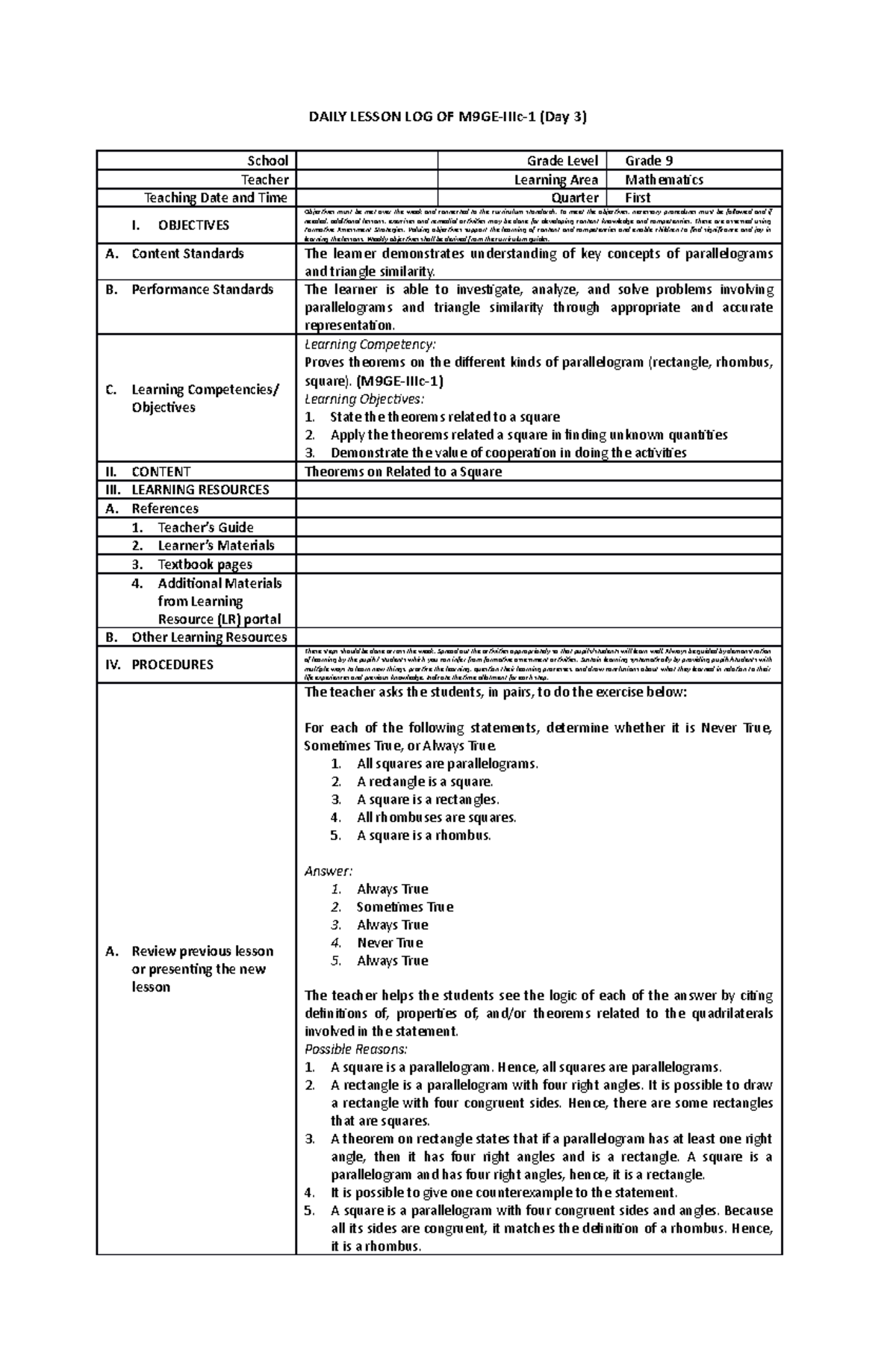 III-Day 11 - dlp - DAILY LESSON LOG OF M9GE-IIIc-1 (Day 3) School Grade ...