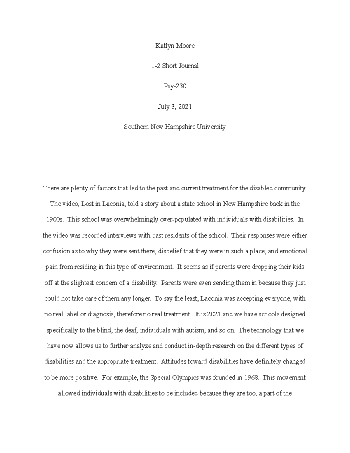 1-2 short paper - Katlyn Moore 1-2 Short Journal Psy- July 3, 2021 ...