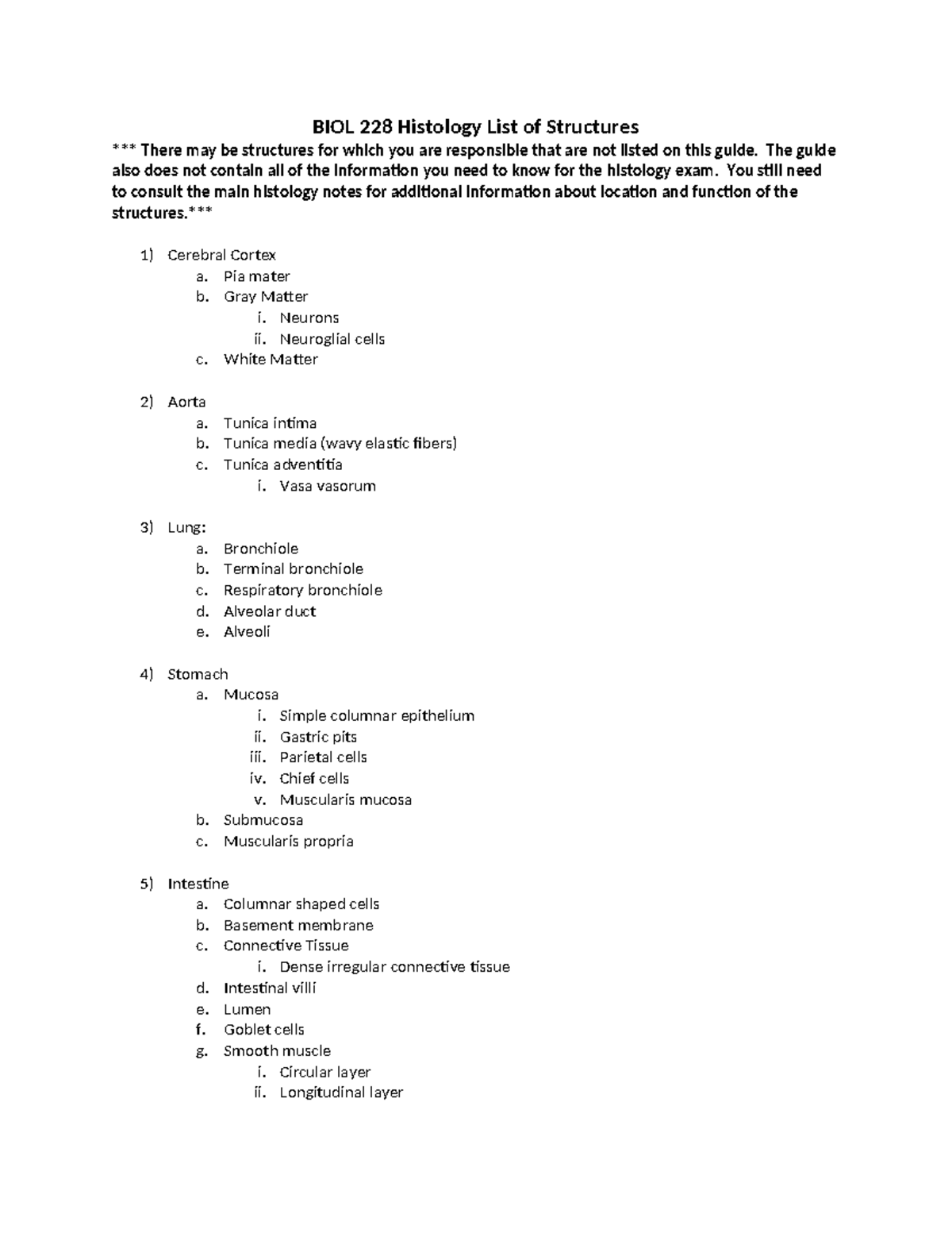 07 - Histology SP23 list of structures - BIOL 228 Histology List of ...