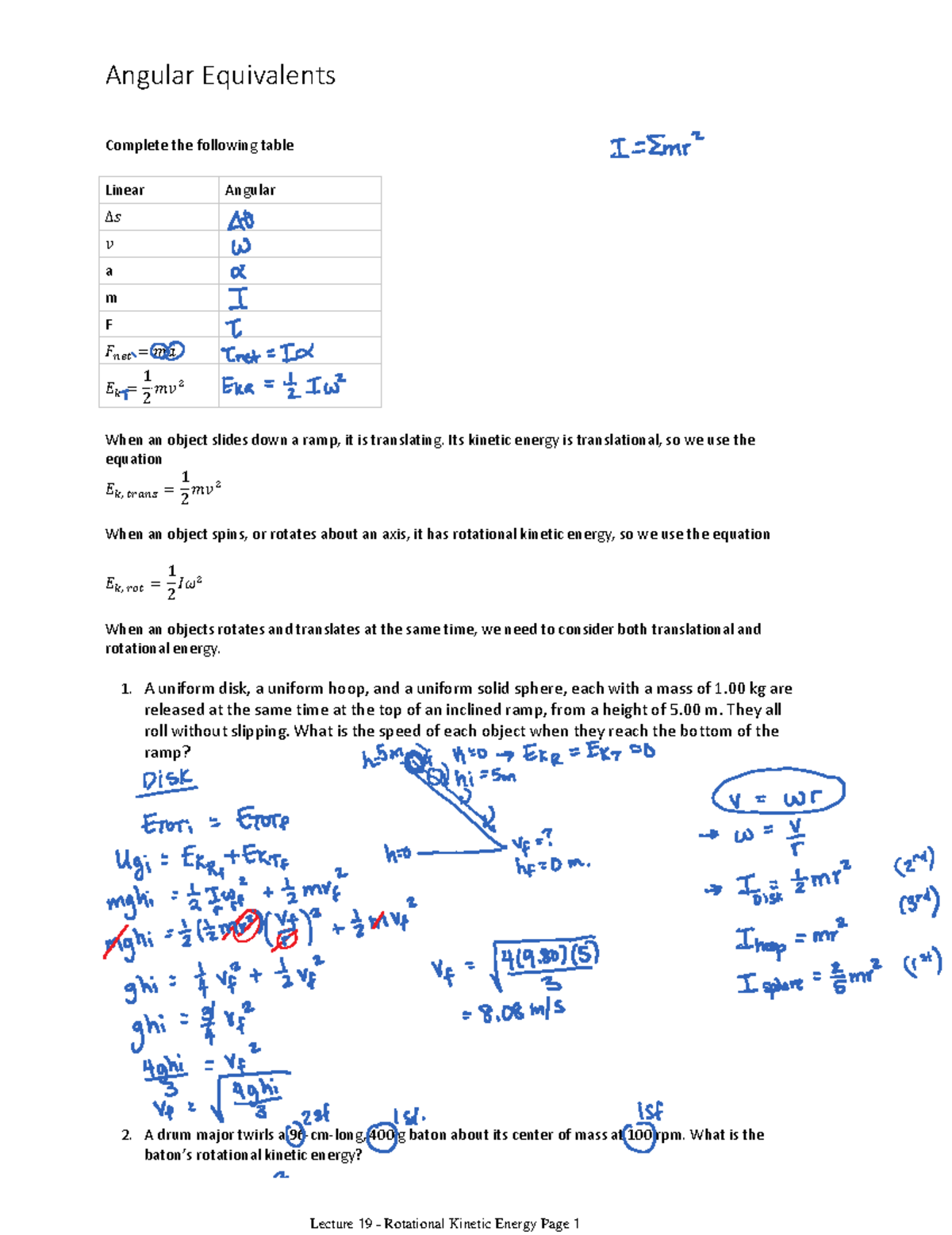 Rotational Kinetic Energy solutions - Complete the following table ...