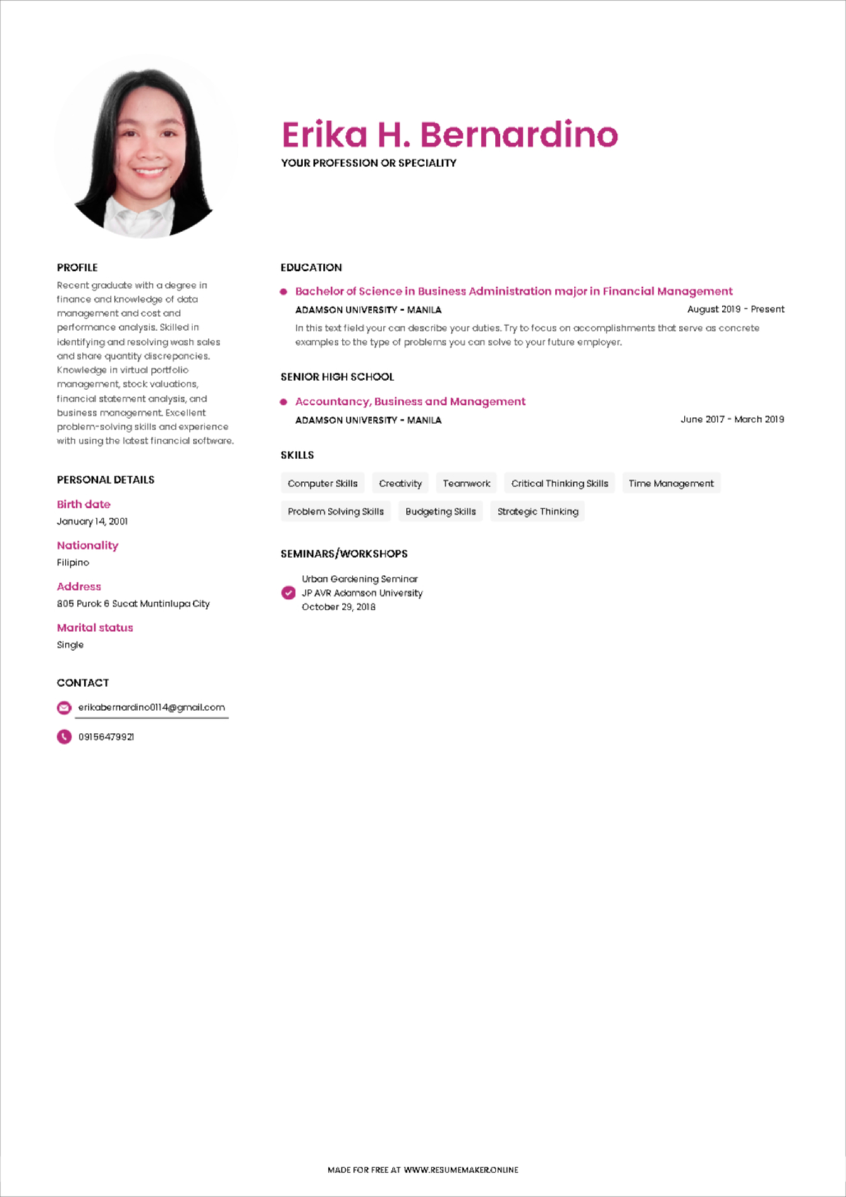 Erika H. Bernardino CV - resume - Corporate Law - Studocu