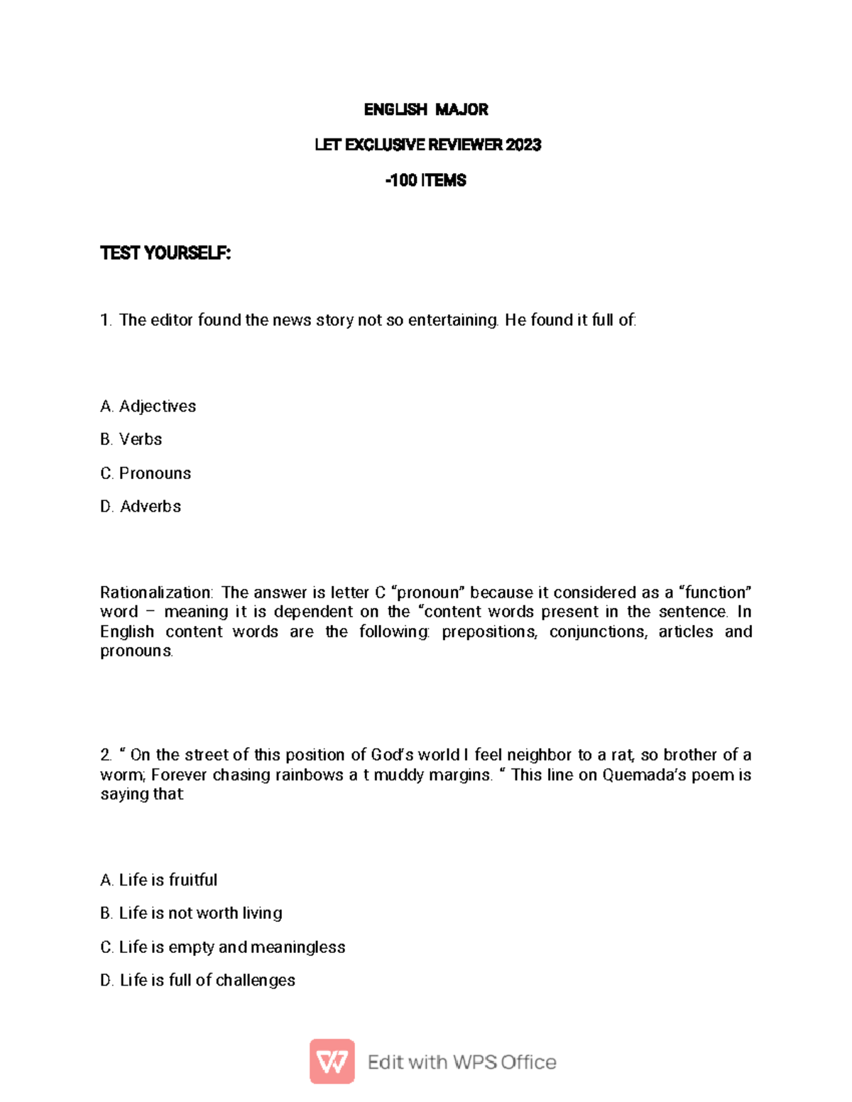 Proficiency test for English majors - ENGLISH MAJOR LET EXCLUSIVE ...