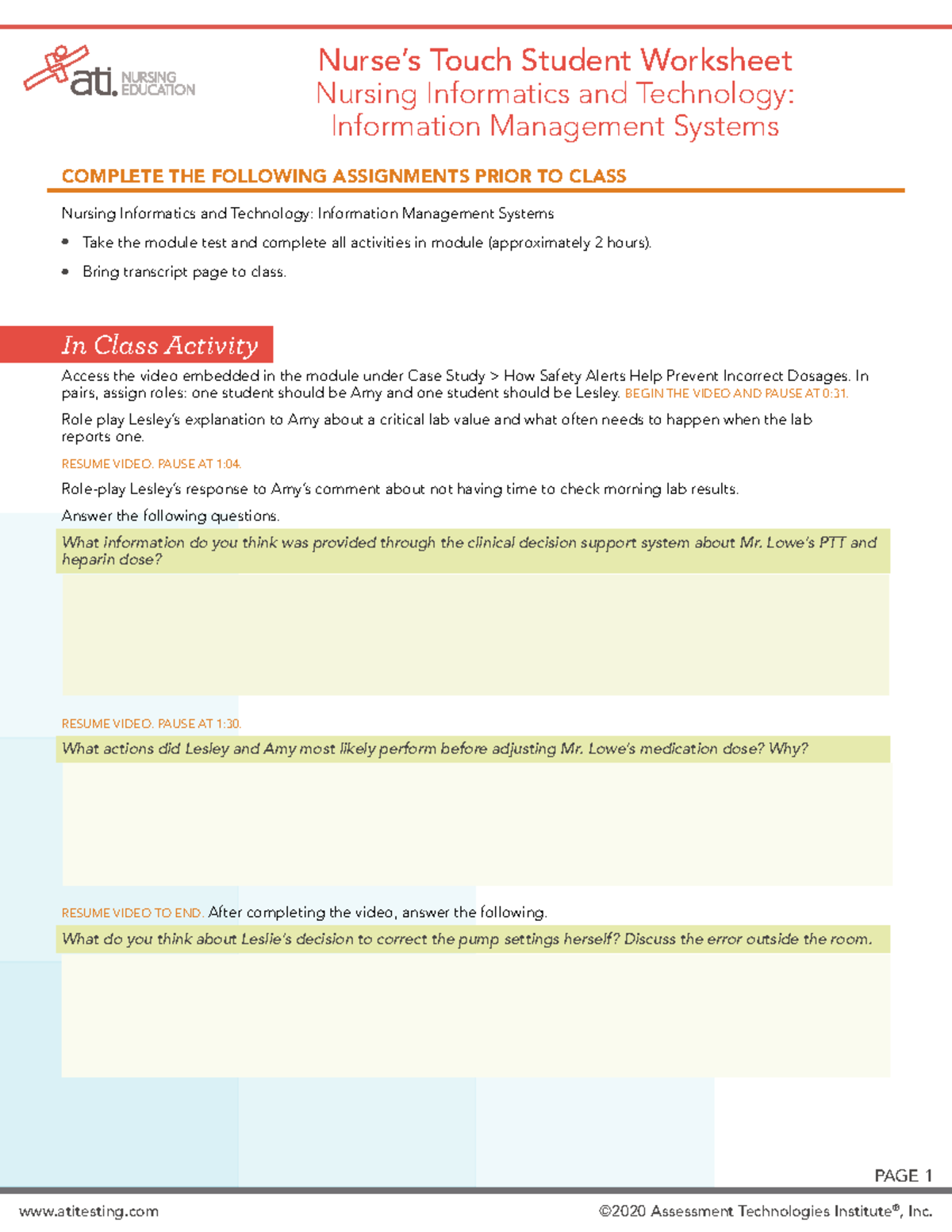 ATI Nurses Touch Student Worksheet Nursing Informatics and Technology ...