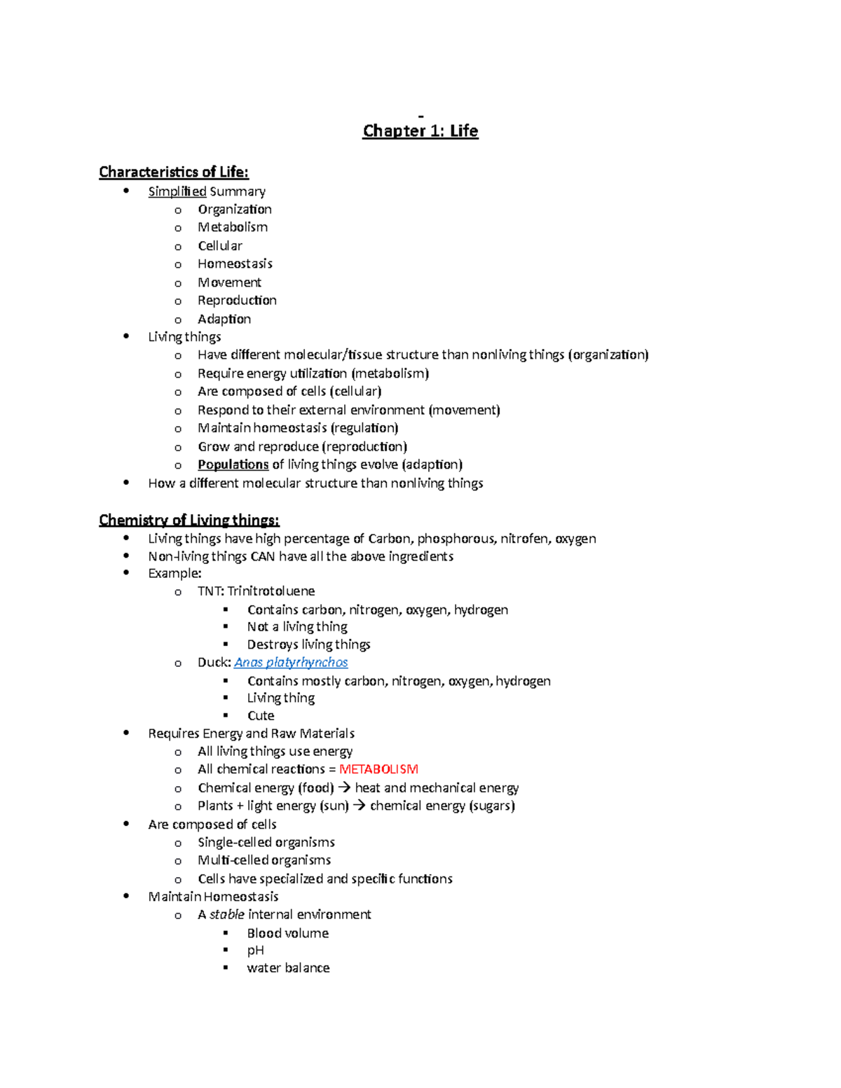 Chapter 1 - Chapter 1: Life Characteristics of Life: Simplified Summary ...