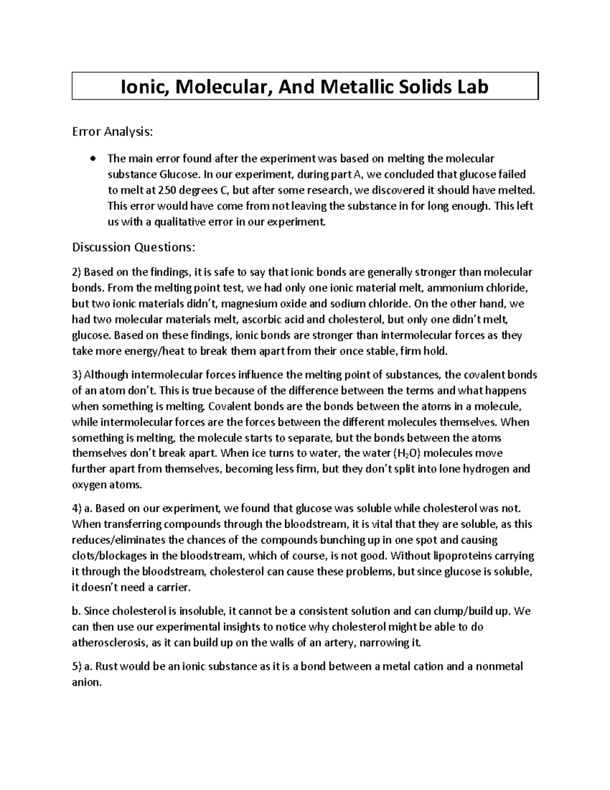 Ionic, Molecular, Metallic Substances Lab - Ionic, Molecular, And ...