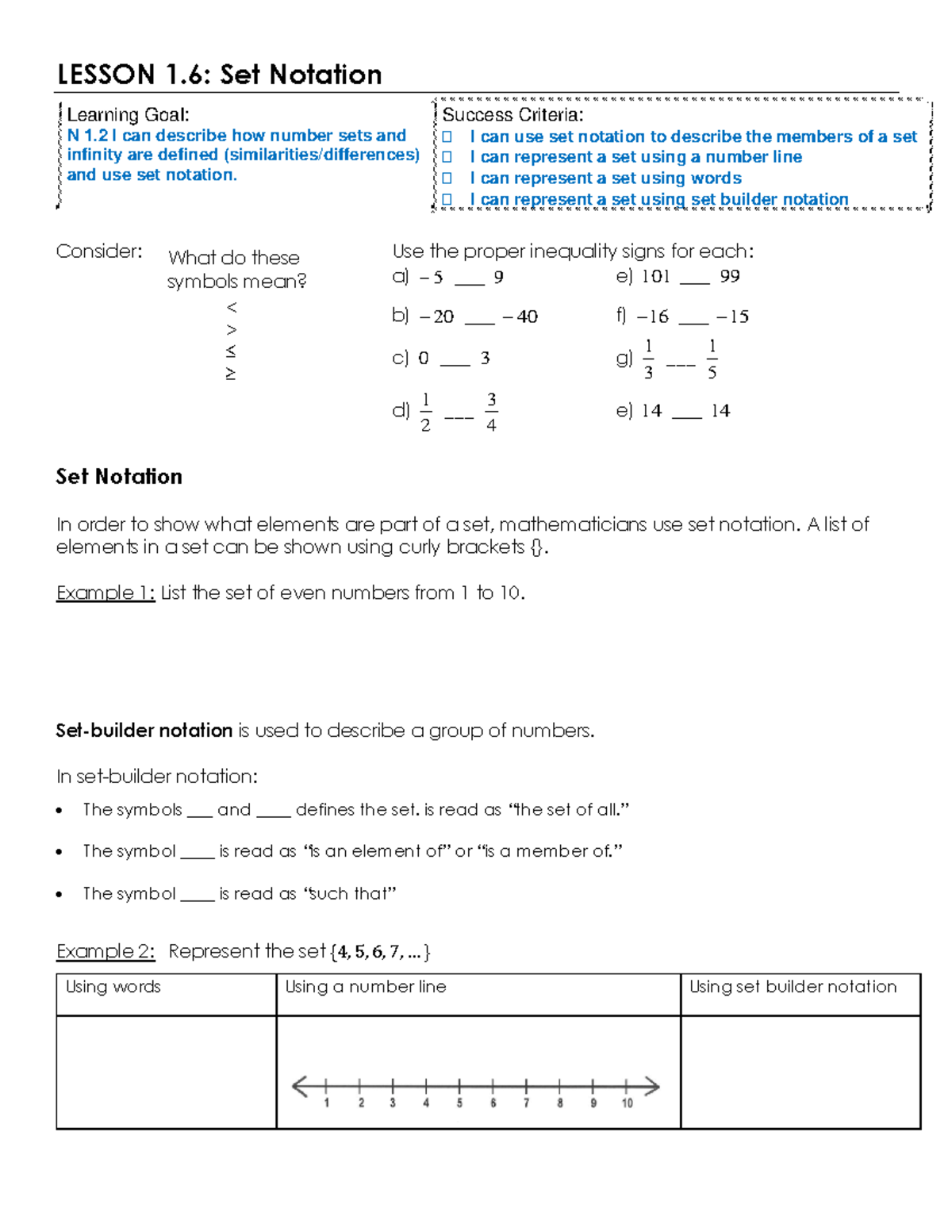 1.6 Set Notation - LESSON 1: Set Notation Consider: Use the proper ...