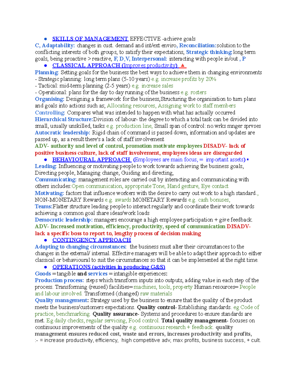 Business cheat sheet - SKILLS OF MANAGEMENT EFFECTIVE -achieve goals C ...