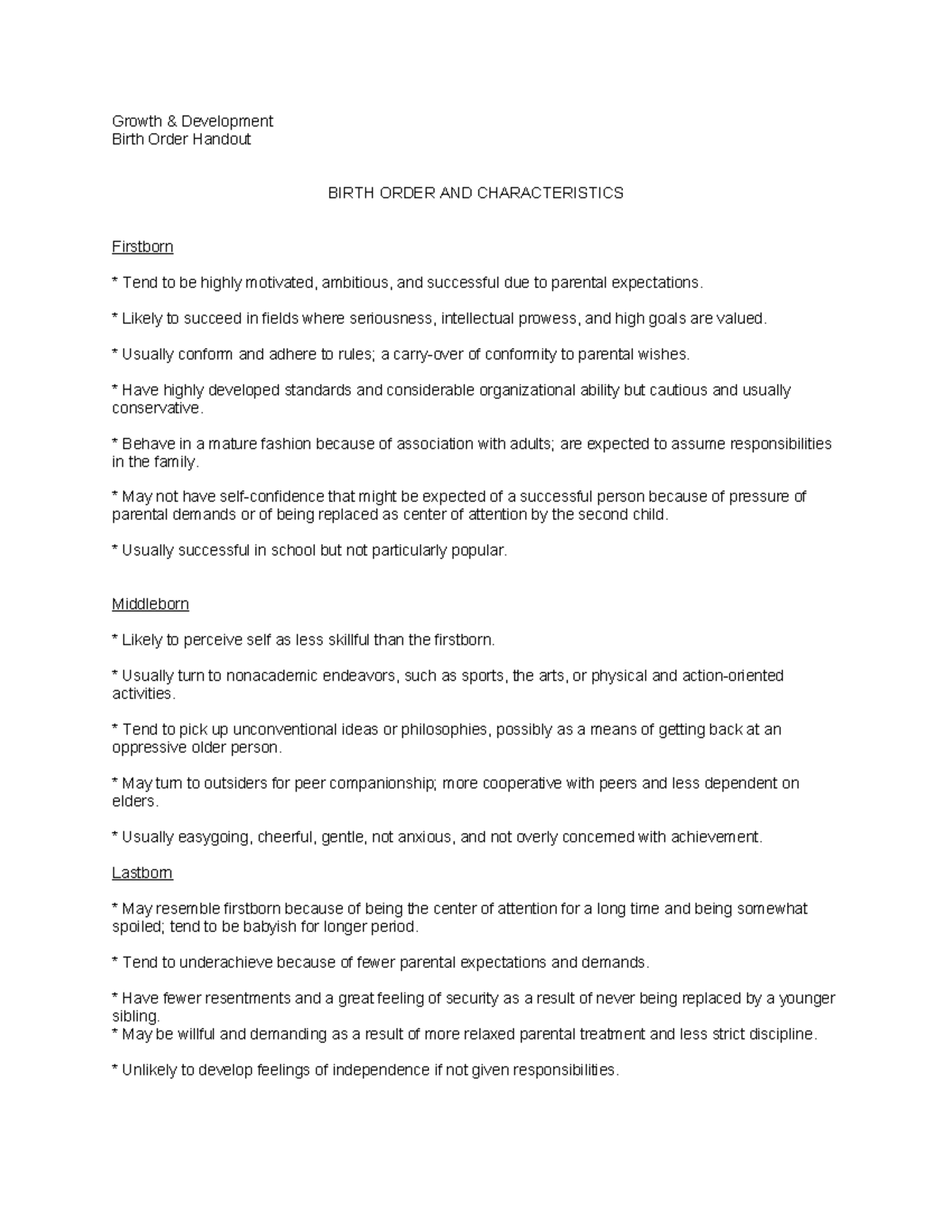 Birth+Order - birth order - Growth & Development Birth Order Handout ...