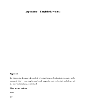 Experiment 7 Lab Report - Experiment 7: Empirical Formulas Adriana Cerbo Chemistry 1300 Lab ...