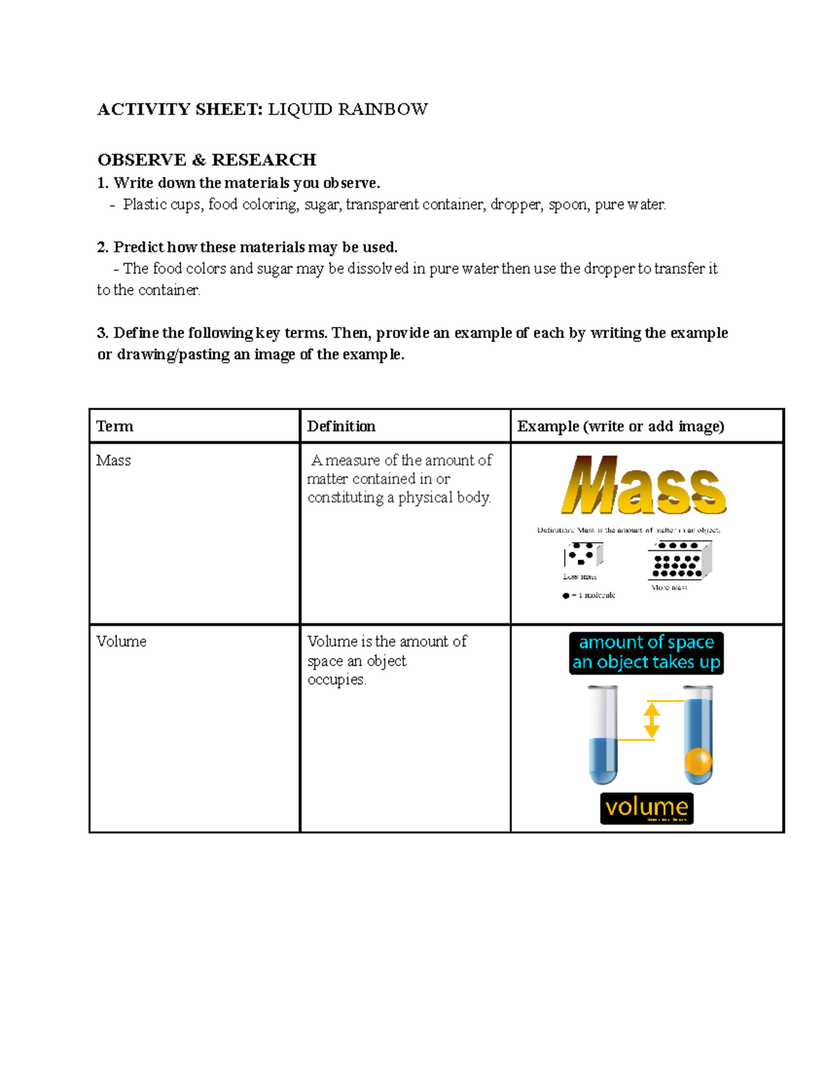 Activity Sheet Liquid Rainbow - ACTIVITY SHEET: LIQUID RAINBOW OBSERVE ...