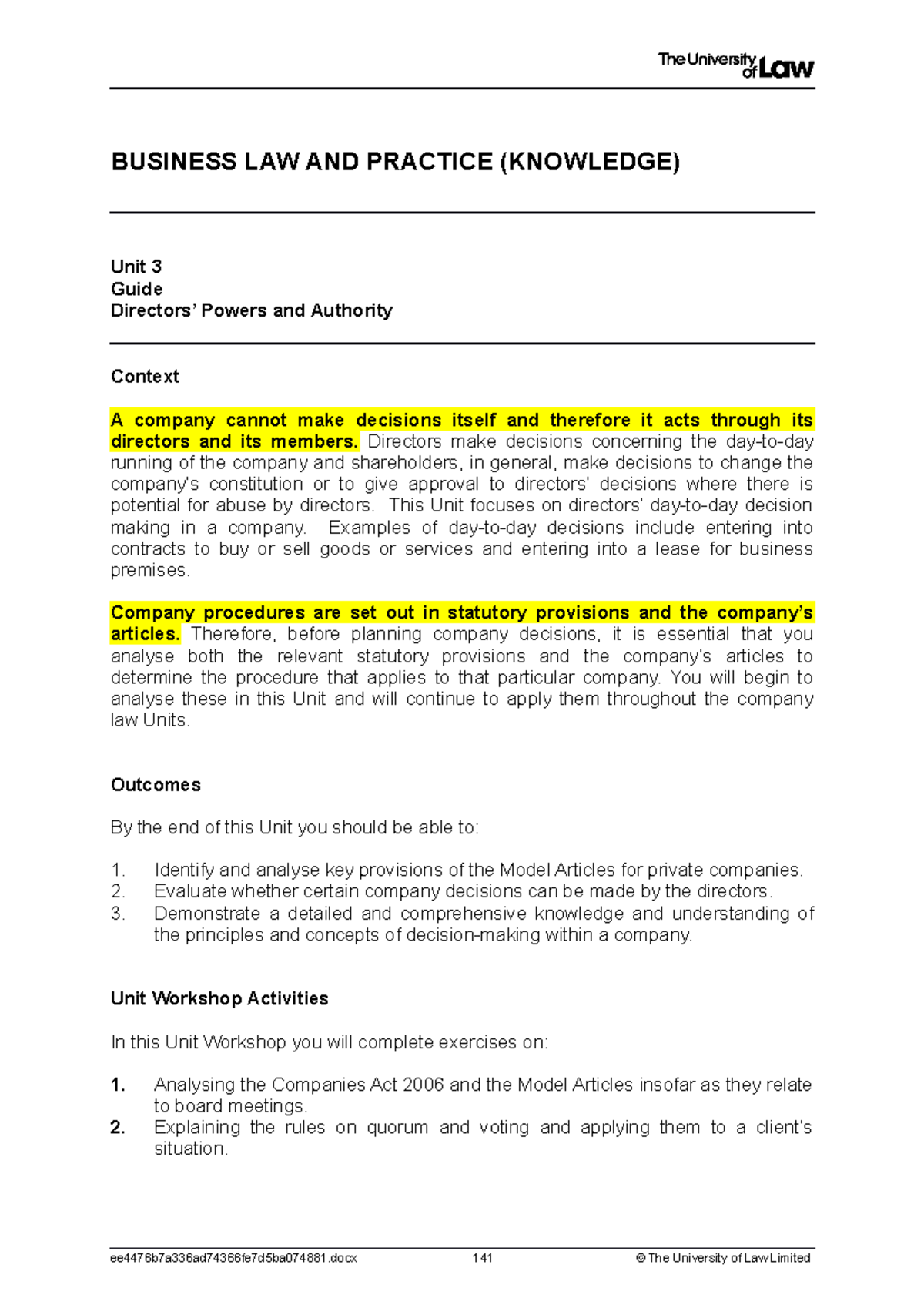 Week 4 Knowledge - workshop notes - BUSINESS LAW AND PRACTICE ...