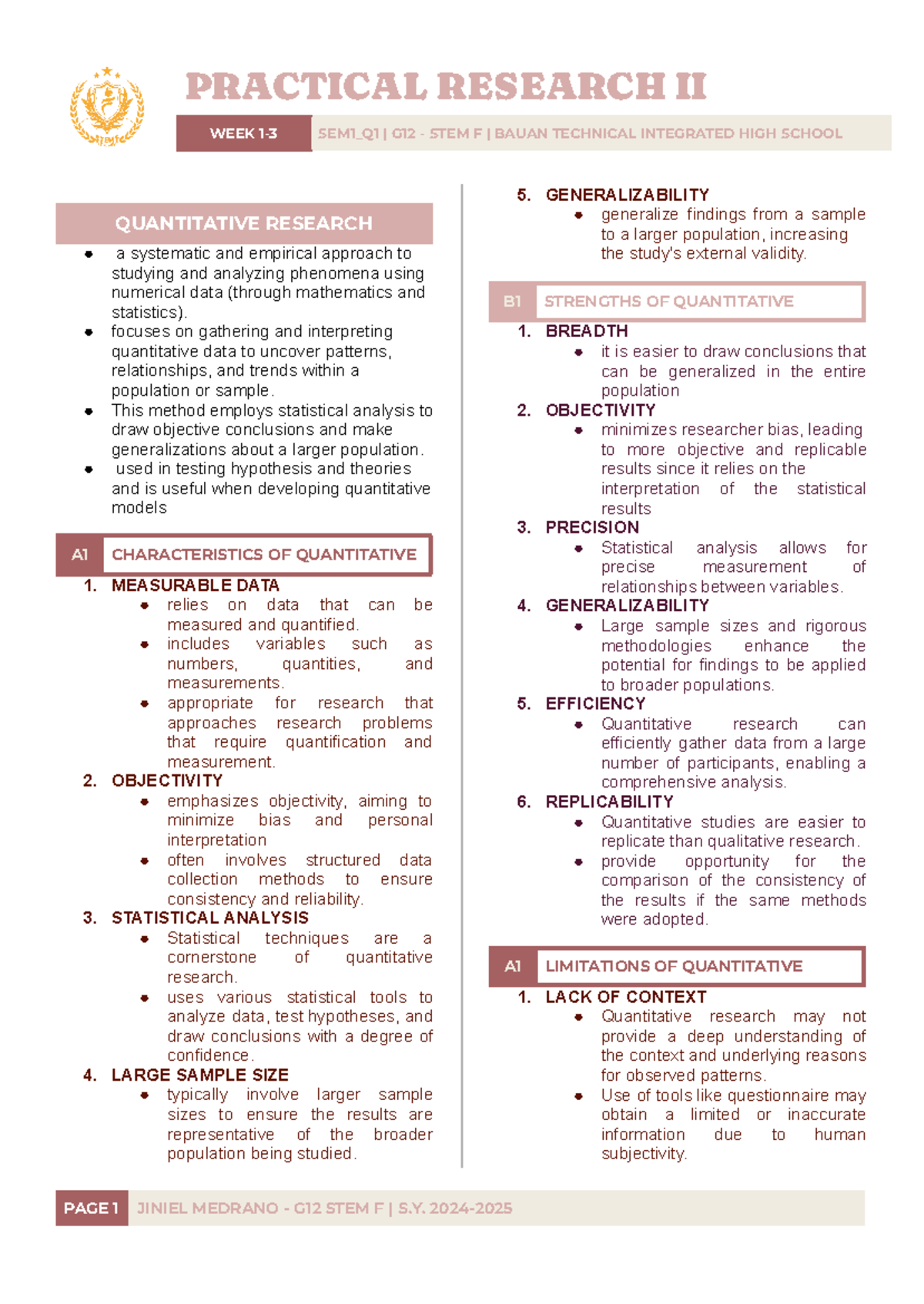 PR2 W1-3 Reviewer - From multiple outlines - QUANTITATIVE RESEARCH a ...