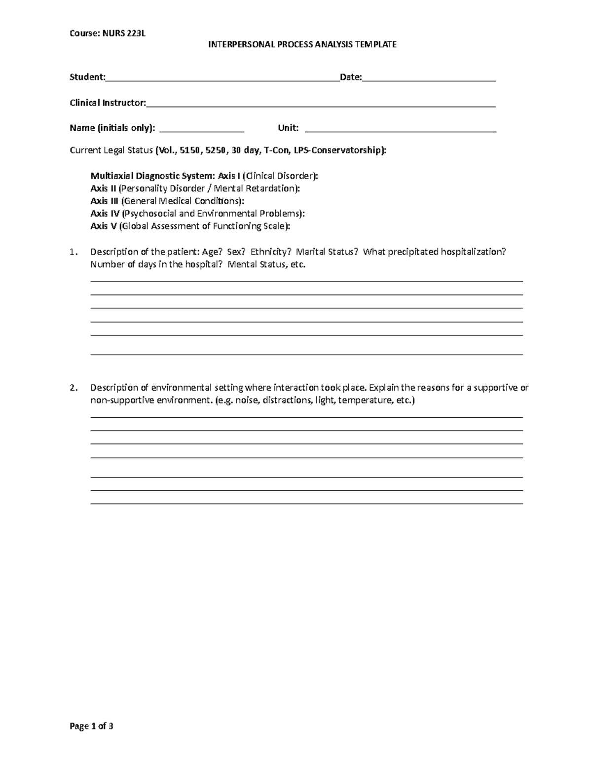 NURS 223L - Interpersonal Process Analysis Template - Course: NURS 223L INTERPERSONAL PROCESS ...