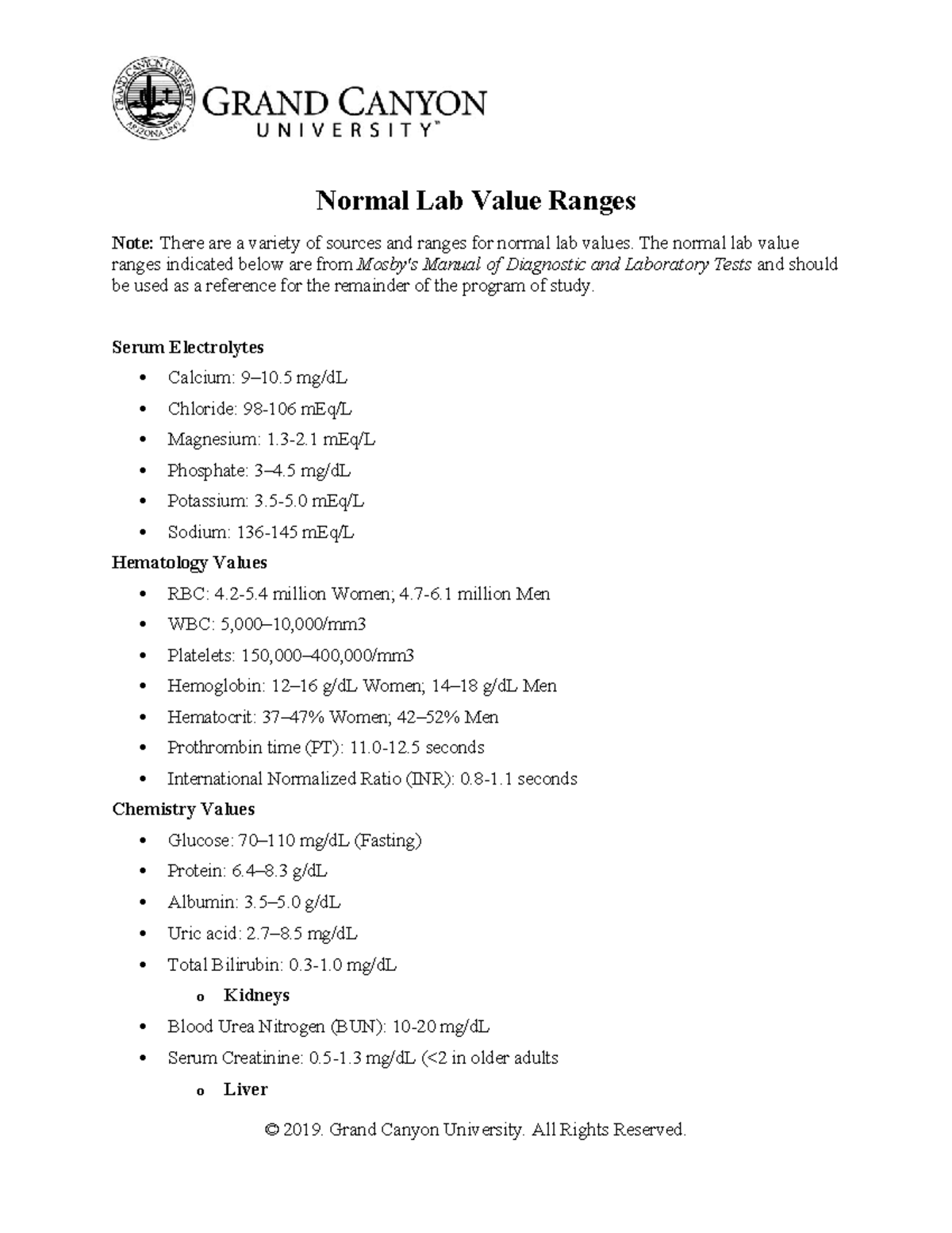NSG 318 RS Normal Lab Values Range - Normal Lab Value Ranges Note: There are a variety of ...