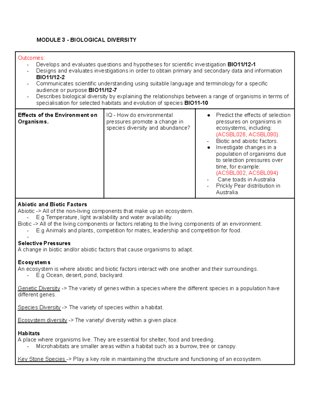 Mod 3 - Syllabus notes - MODULE 3 - BIOLOGICAL DIVERSITY Outcomes ...