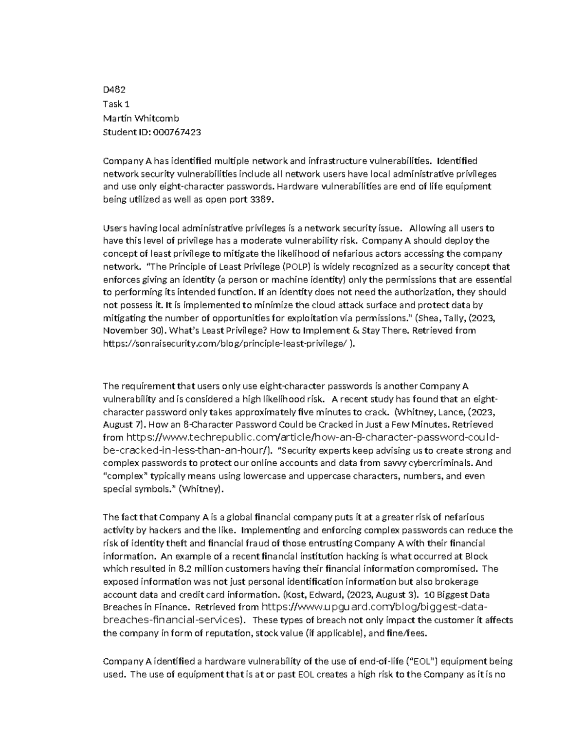 WGU D482 TASK 1 - D Task 1 Martin Whitcomb Student ID: 000767423 ...