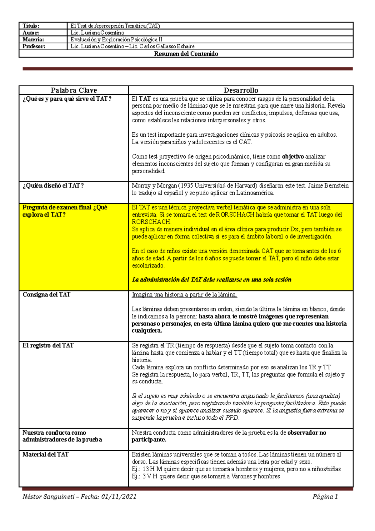 NS - Resumen Test de Apercepción Temática (TAT) - Evaluación y ...