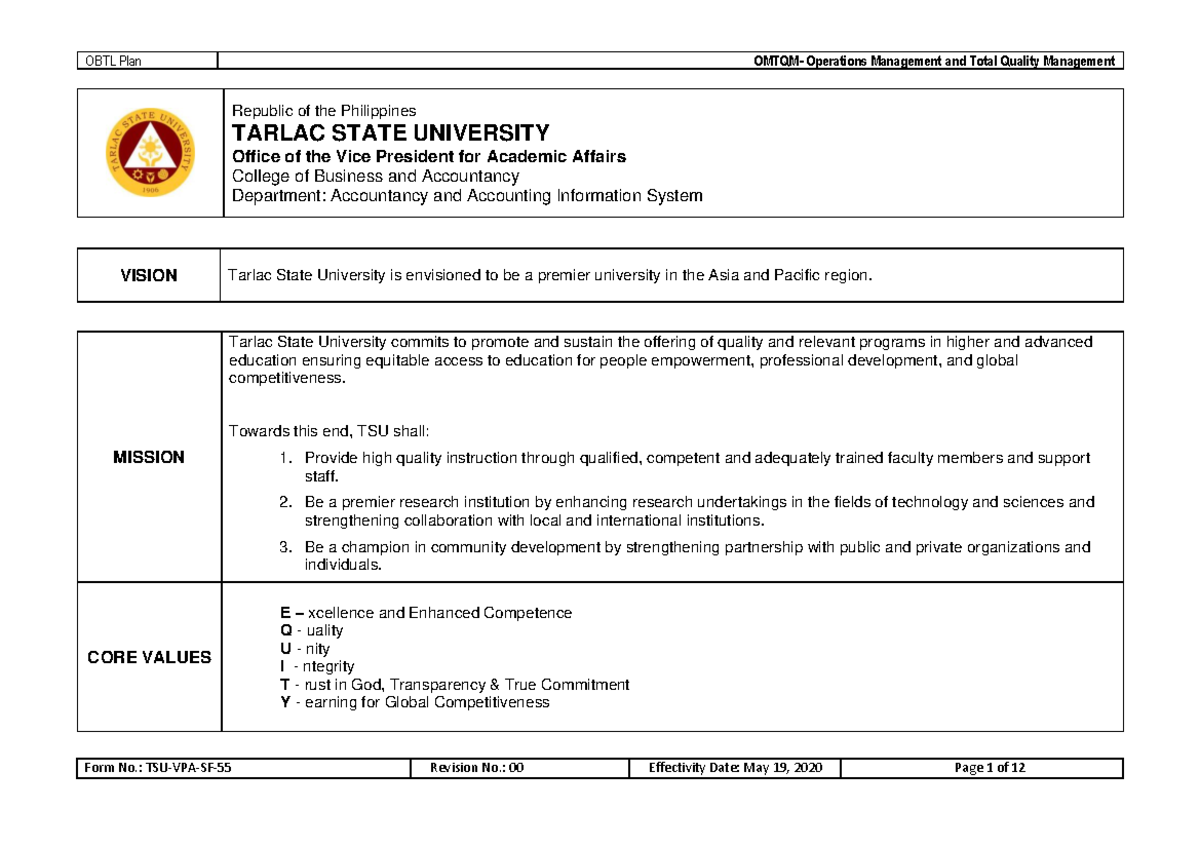 2023 OBTL Omtqm - new obtl - Republic of the Philippines TARLAC STATE ...