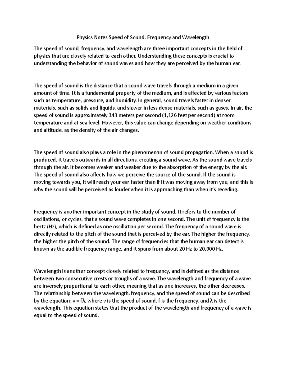 Physics Notes Speed of Sound Frequency and Wavelength - Understanding ...