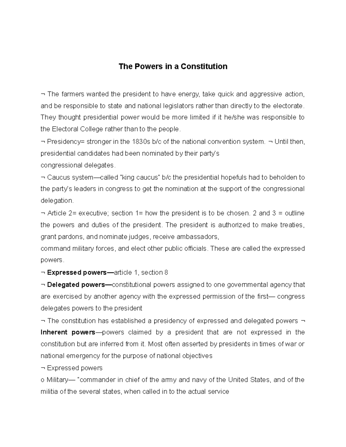 The Powers in a Constitution - They thought presidential power would be ...