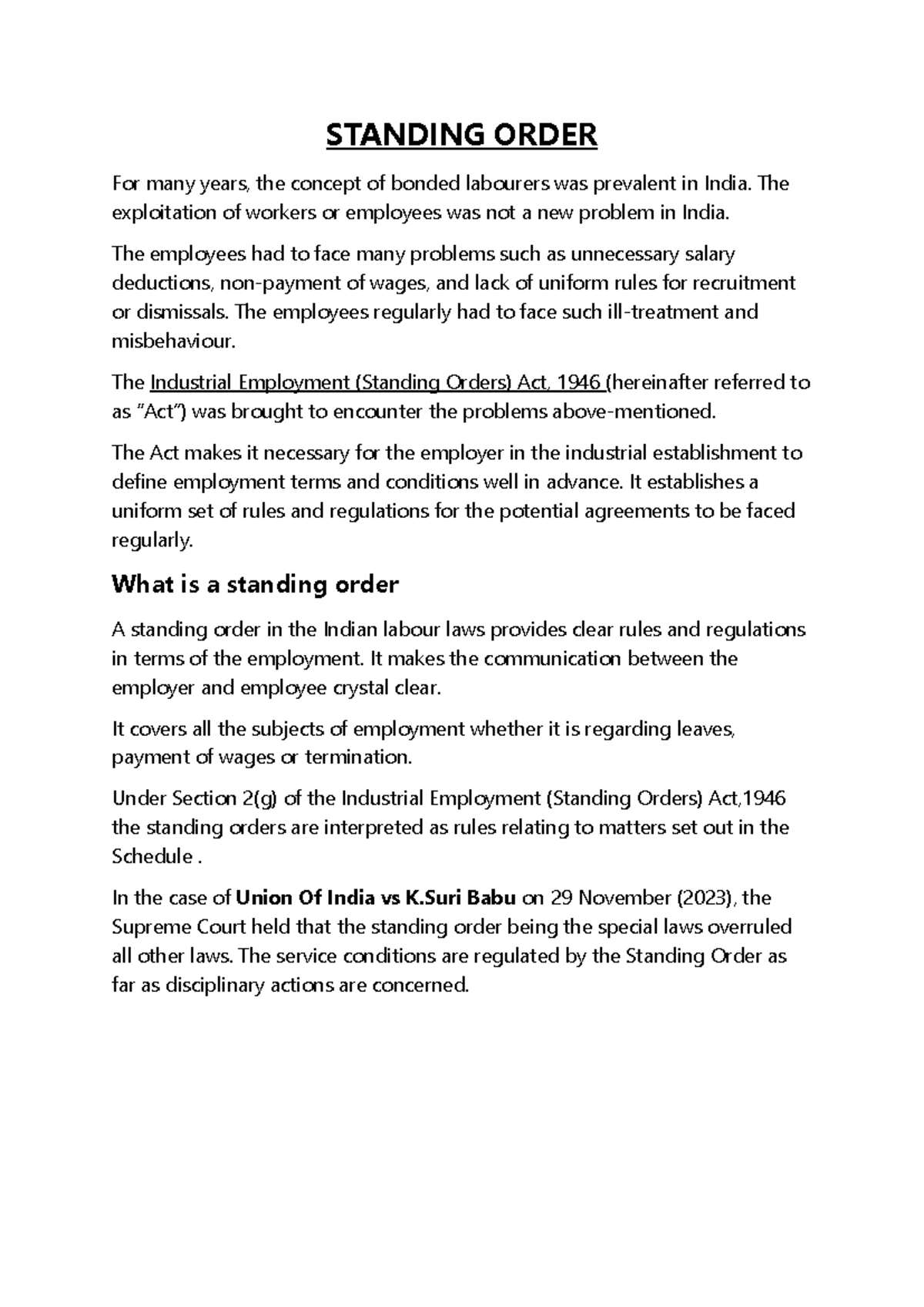 Standing Order Labour Law - STANDING ORDER For many years, the concept ...