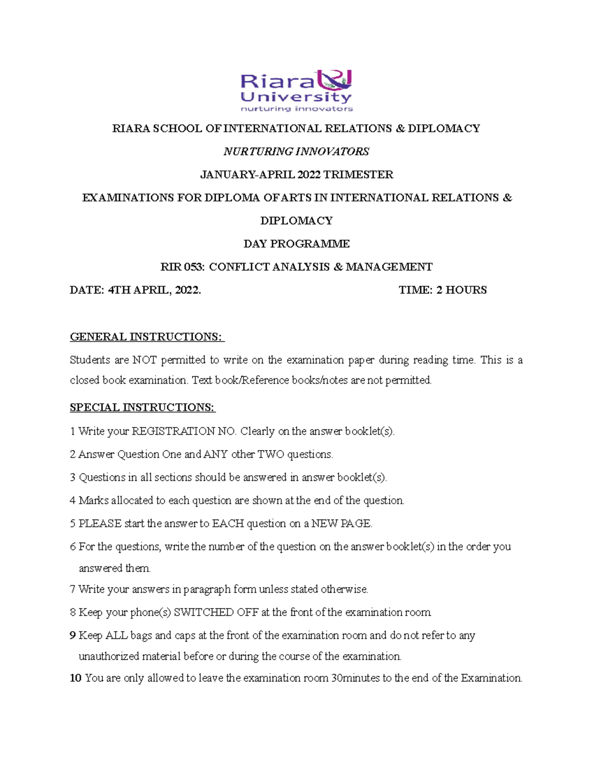 Final Exam Conflict - Sample Questions - RIARA SCHOOL OF INTERNATIONAL ...