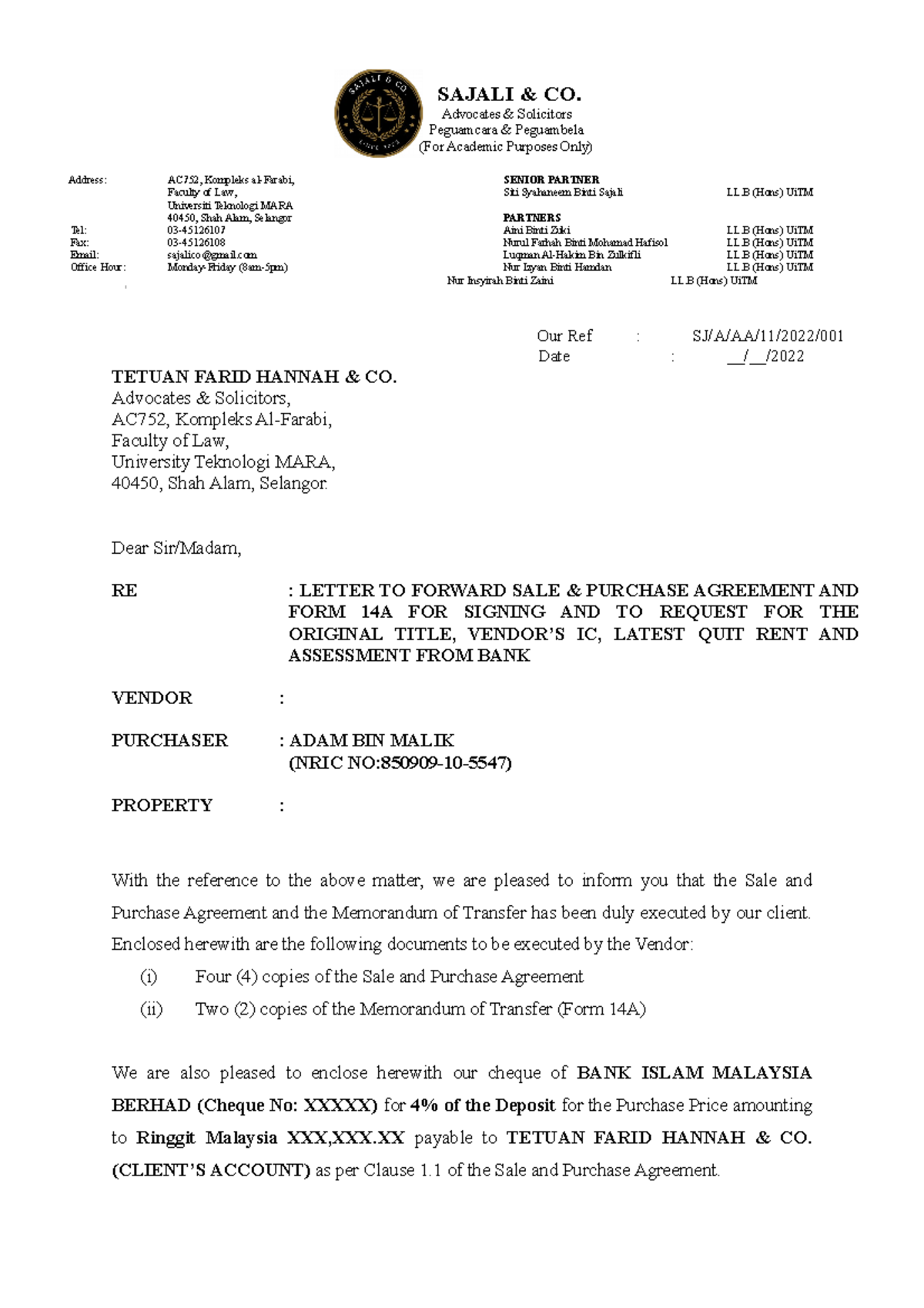 Letter Solicitor to VS for SPA - SAJALI & CO. Peguamcara & Peguambela ...