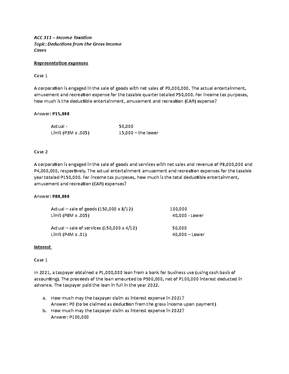 Answer key - Cases for Deductions from Gross Income - ACC 311 – Income ...