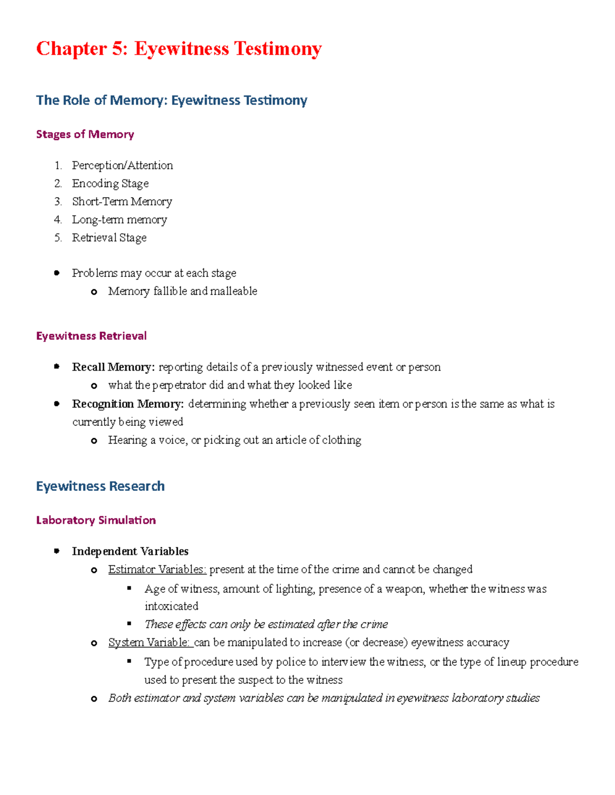Midterm 2 - Readings - Chapter 5: Eyewitness Testimony The Role of ...