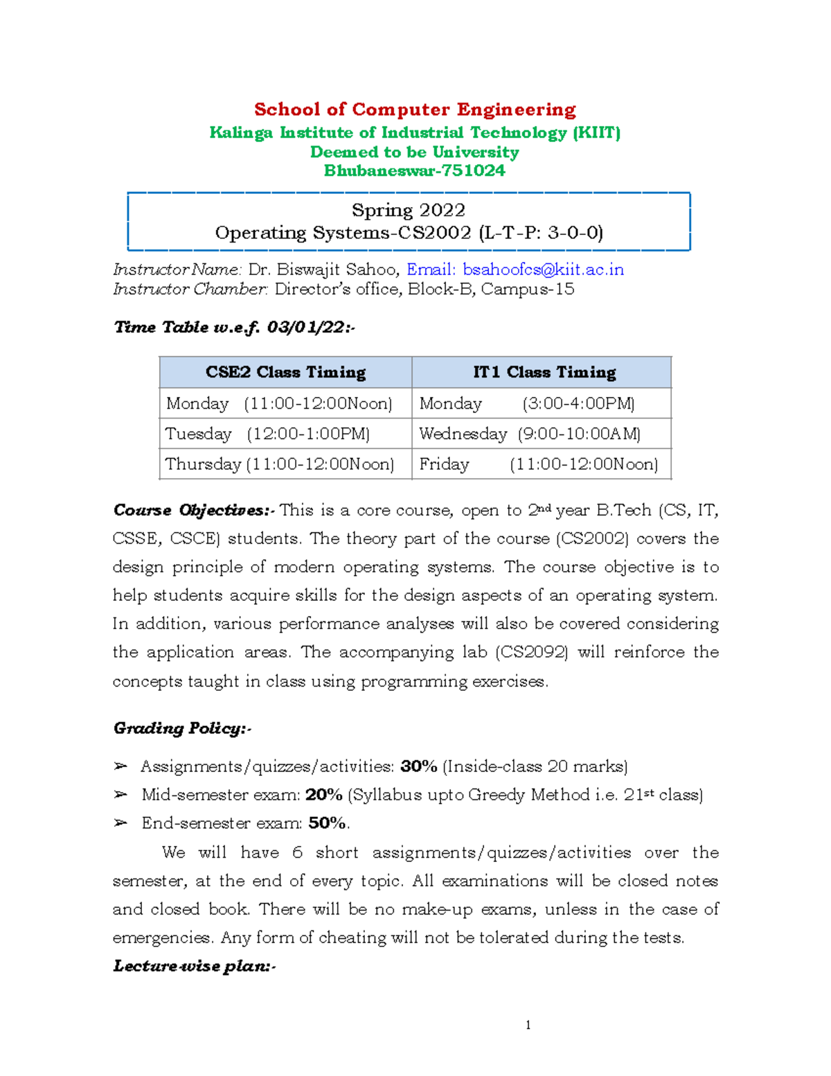 Operating Systems Course Planning School Of Computer Engineering Kalinga Institute Of