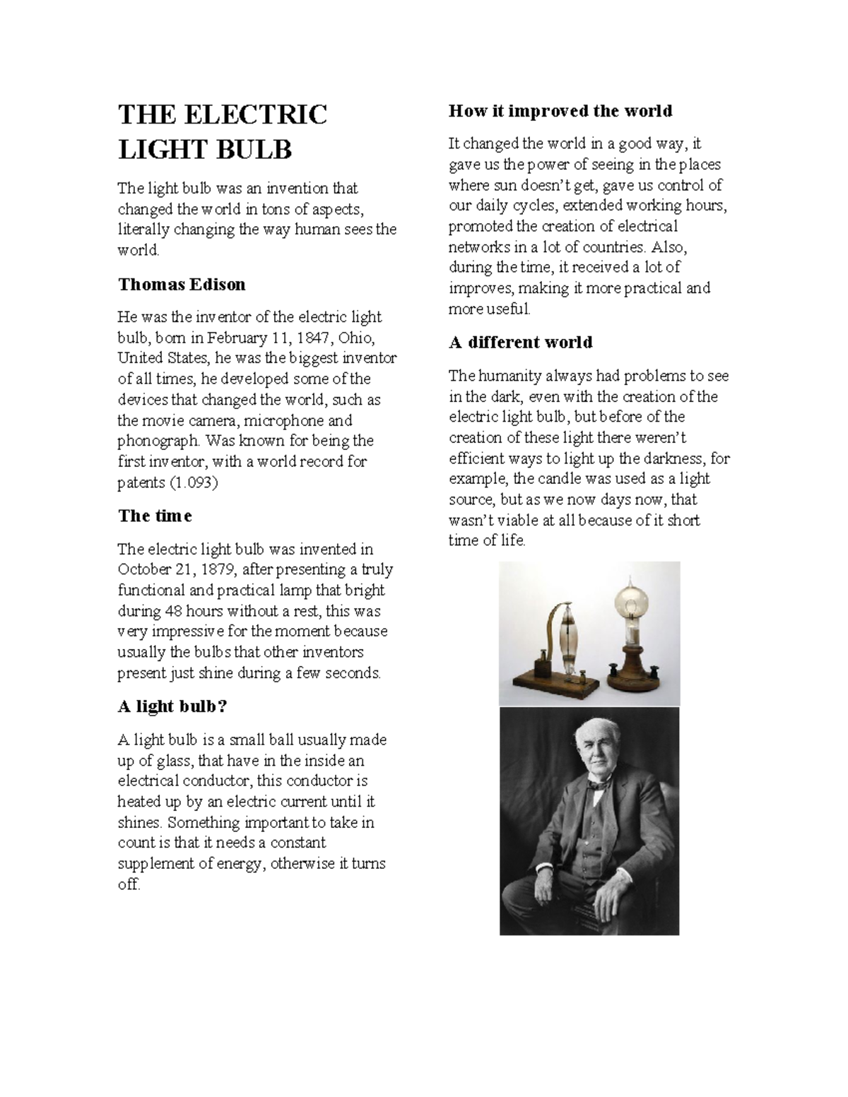 THE Electric Light BULB - THE ELECTRIC LIGHT BULB The light bulb was an ...
