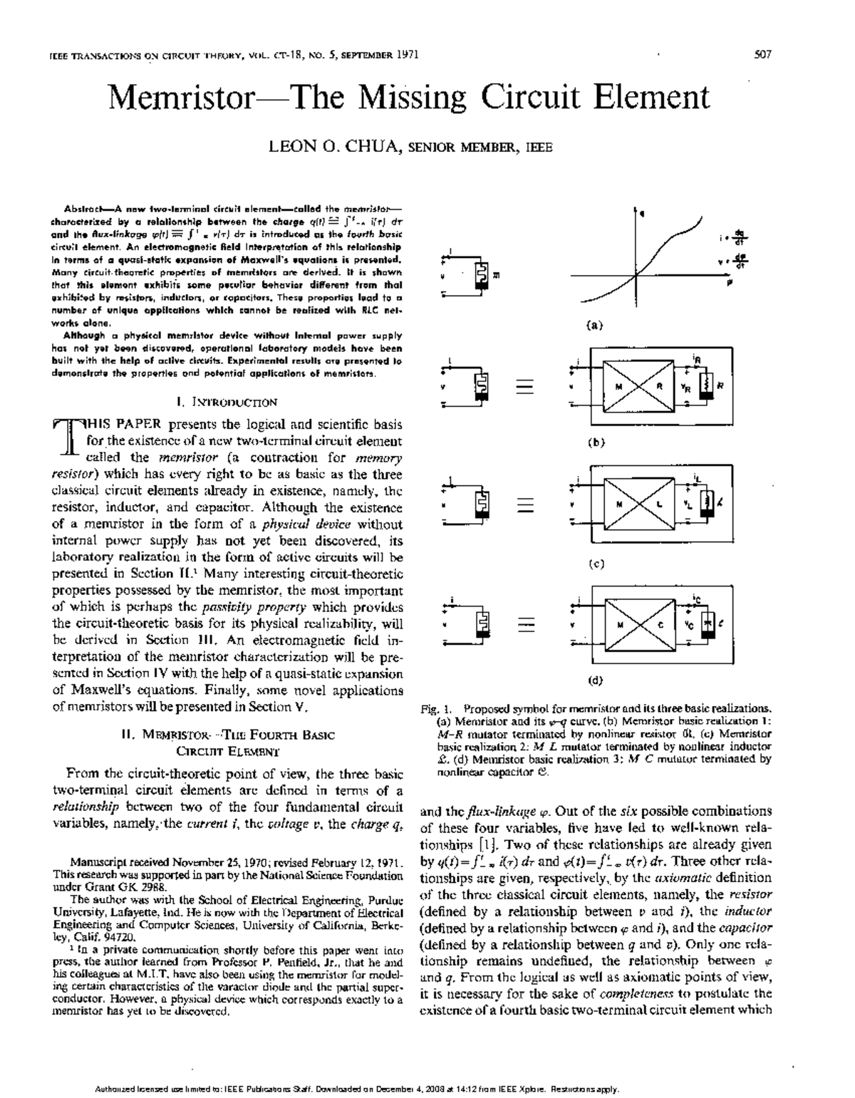 1971 TCT Memristor The missing circuit element - ,EEE TRANSACTIONS ON ...