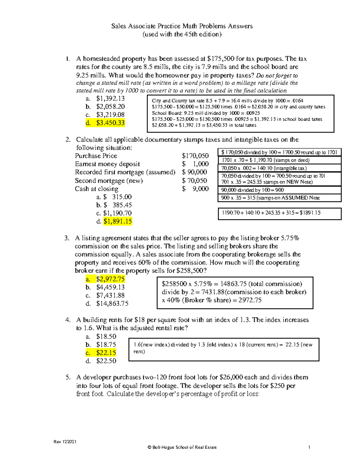 Math answer key - (used with the 45th edition) Rev 122021 A homesteaded ...