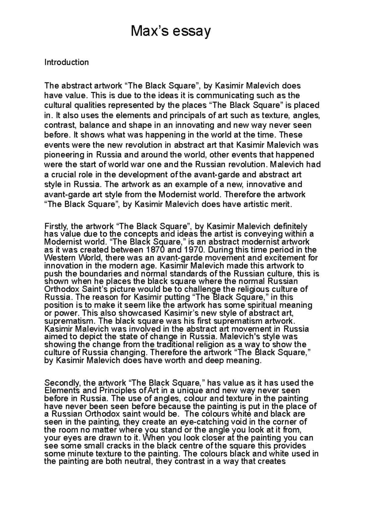 Kasimir Malevich visual arts essay - Max’s essay Introduction The ...