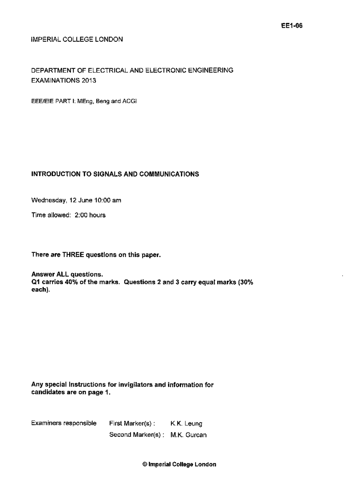 Exam 2013, questions - Introduction to signals and communications - ee1-06 - IMPERIAL COLLEGE ...