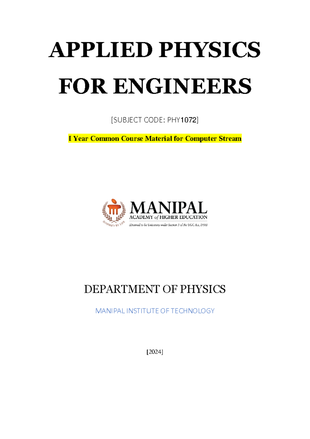 PHY1072 Applied Physics for Engineers - APPLIED PHYSICS FOR ENGINEERS [SUBJECT CODE: PHY 1072 ...