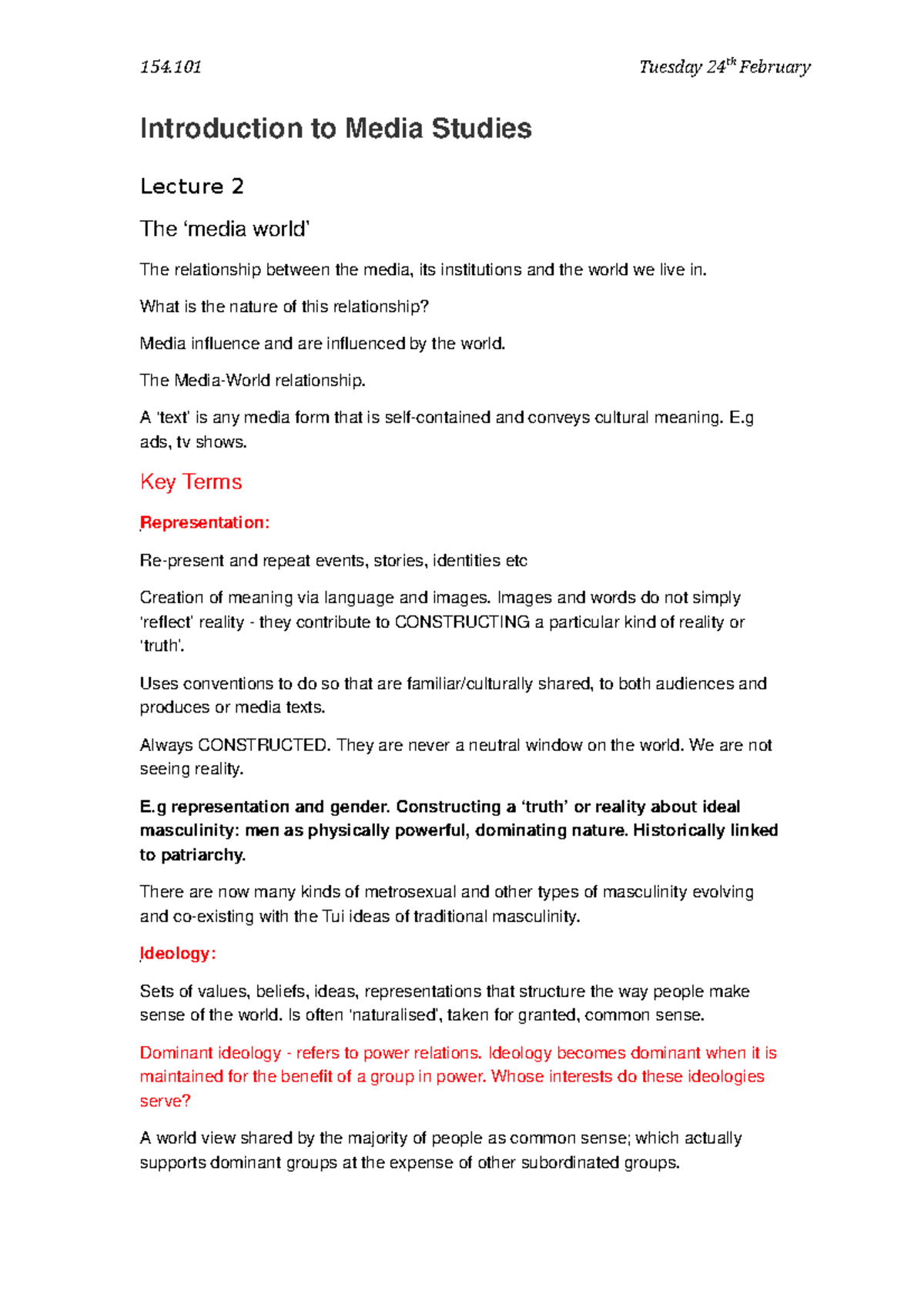 154.101 Lecture 2 - 154 Tuesday 24th February Introduction to Media ...
