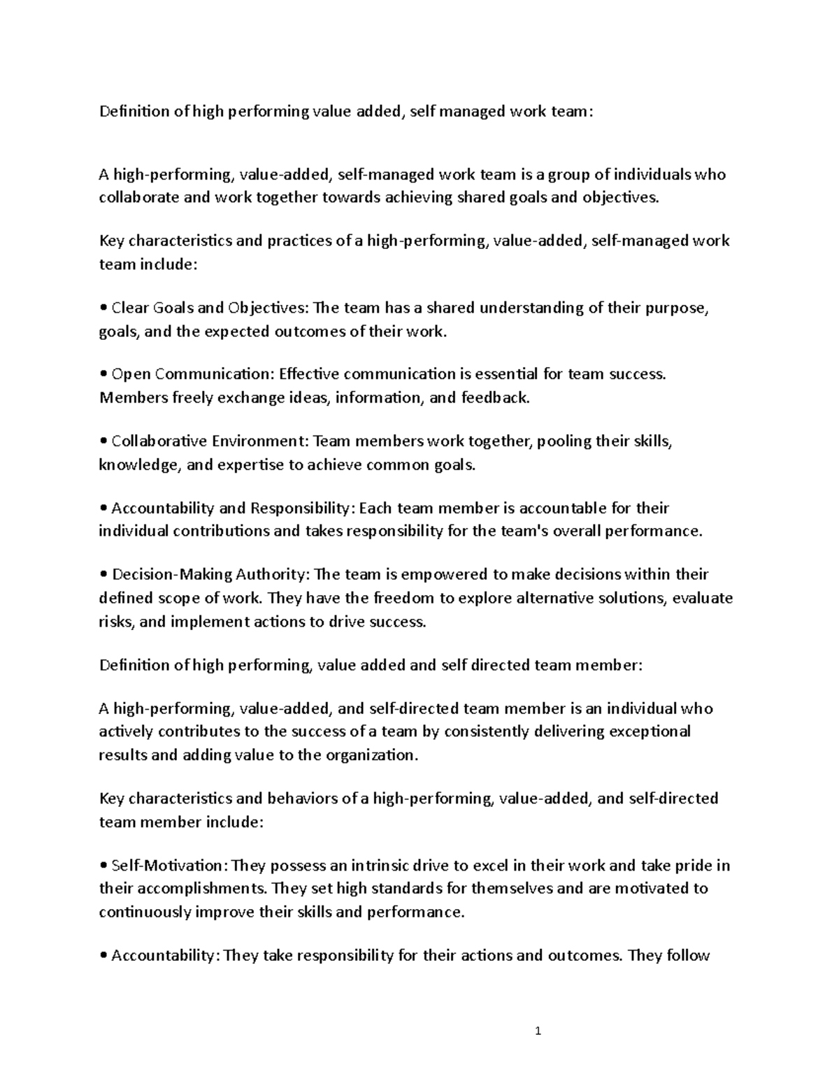 Team development - assignment - Definition of high performing value ...