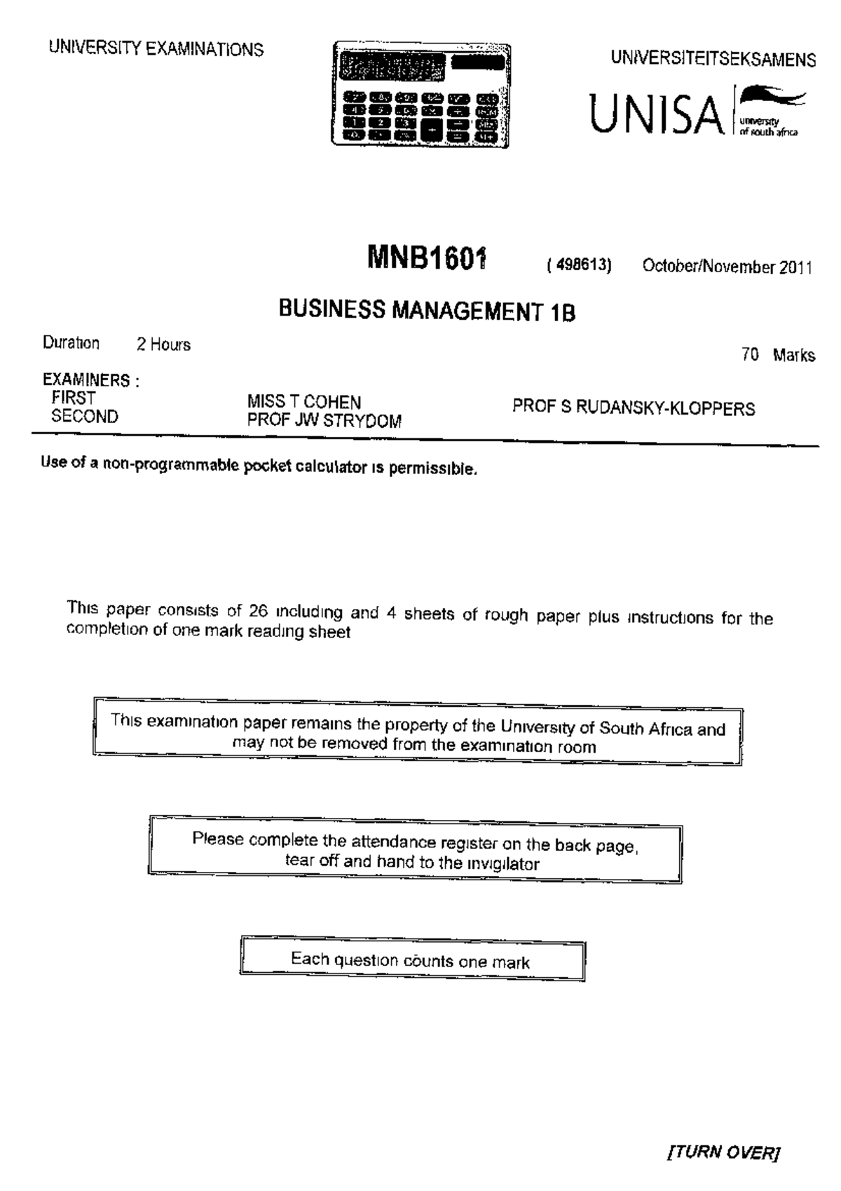 MNB1601-Oct Nov 2011 exam e - MNB1601 - Studocu