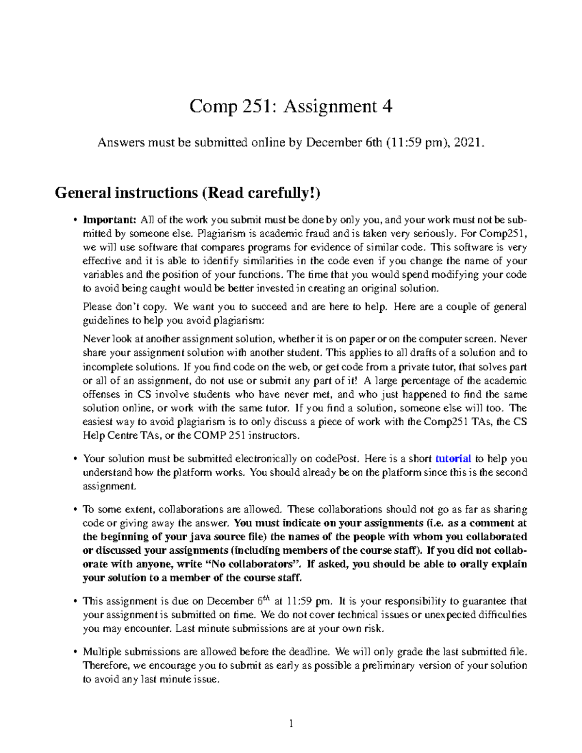 COMP251 HomeWork 4 F2021 - Comp 251: Assignment 4 Answers must be submitted online by December ...