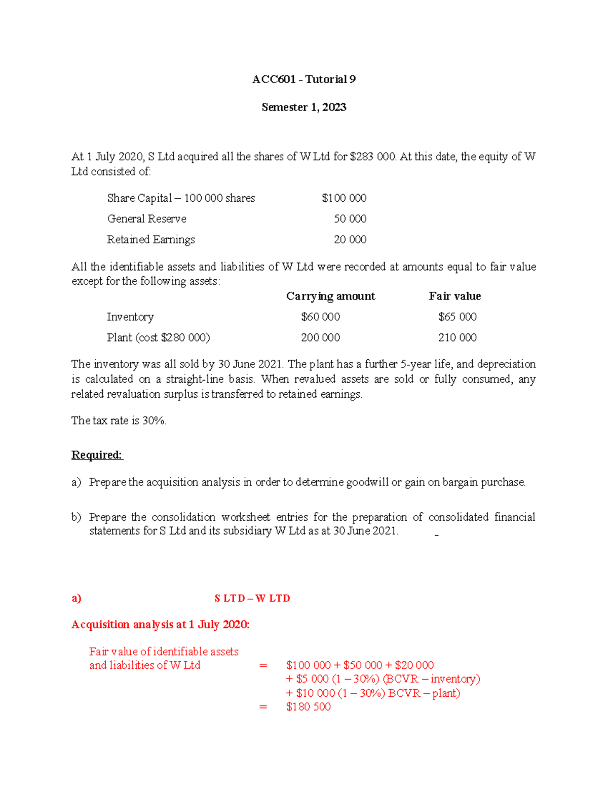 Tutorial 9 Solution - ACC601 - Tutorial 9 Semester 1, 2023 At 1 July 2020, S Ltd acquired all ...