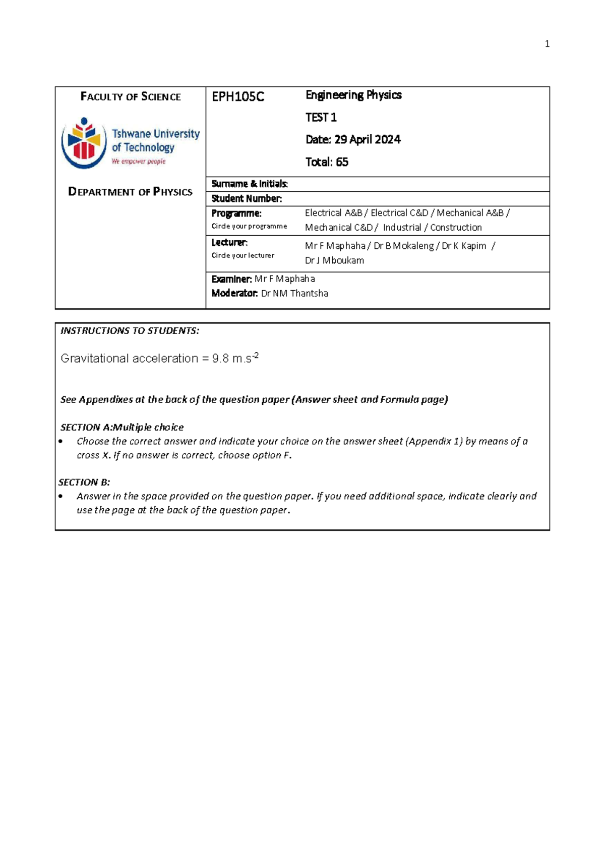 TEST 1 2024 memo - Past papers - FACULTY OF SCIENCE DEPARTMENT OF ...