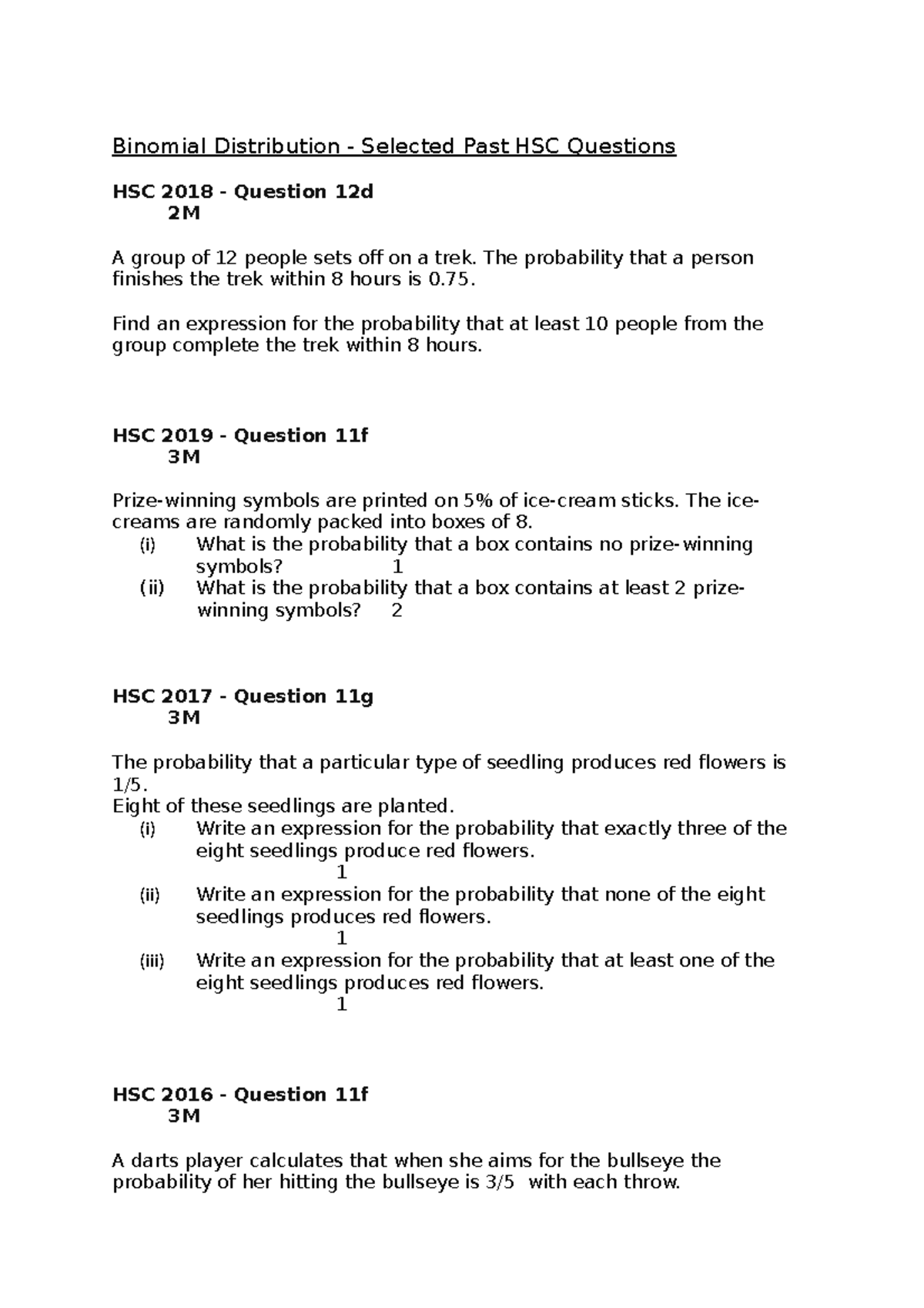 Binomial Distribution HSC Qns - Binomial Distribution - Selected Past ...