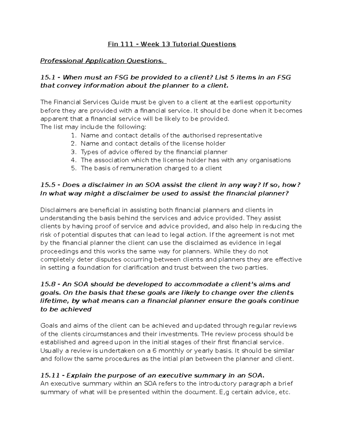 FIN 111 - Week 13 Tutorial Questions and Answers - Fin 111 - Week 13 ...