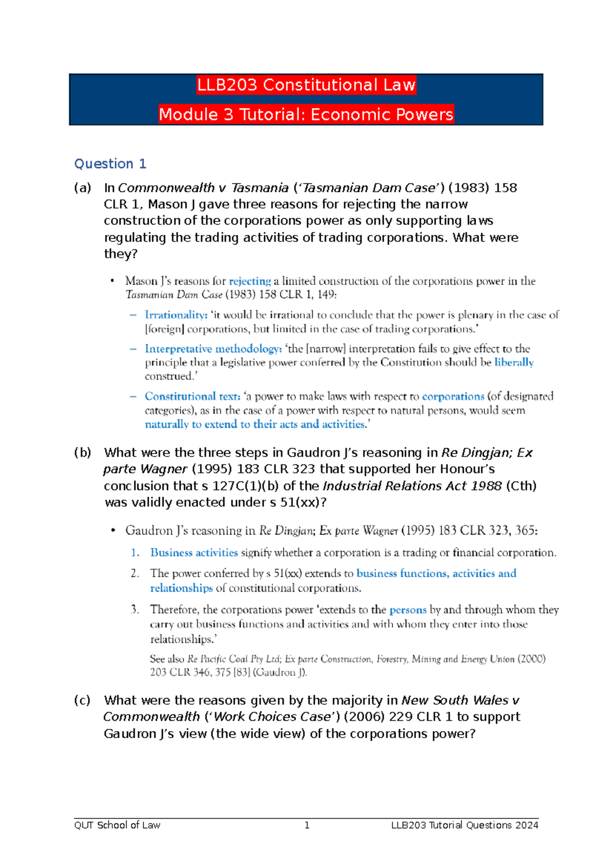 Module 3 Tutorial Questions - Economic Powers - LLB203 Constitutional ...