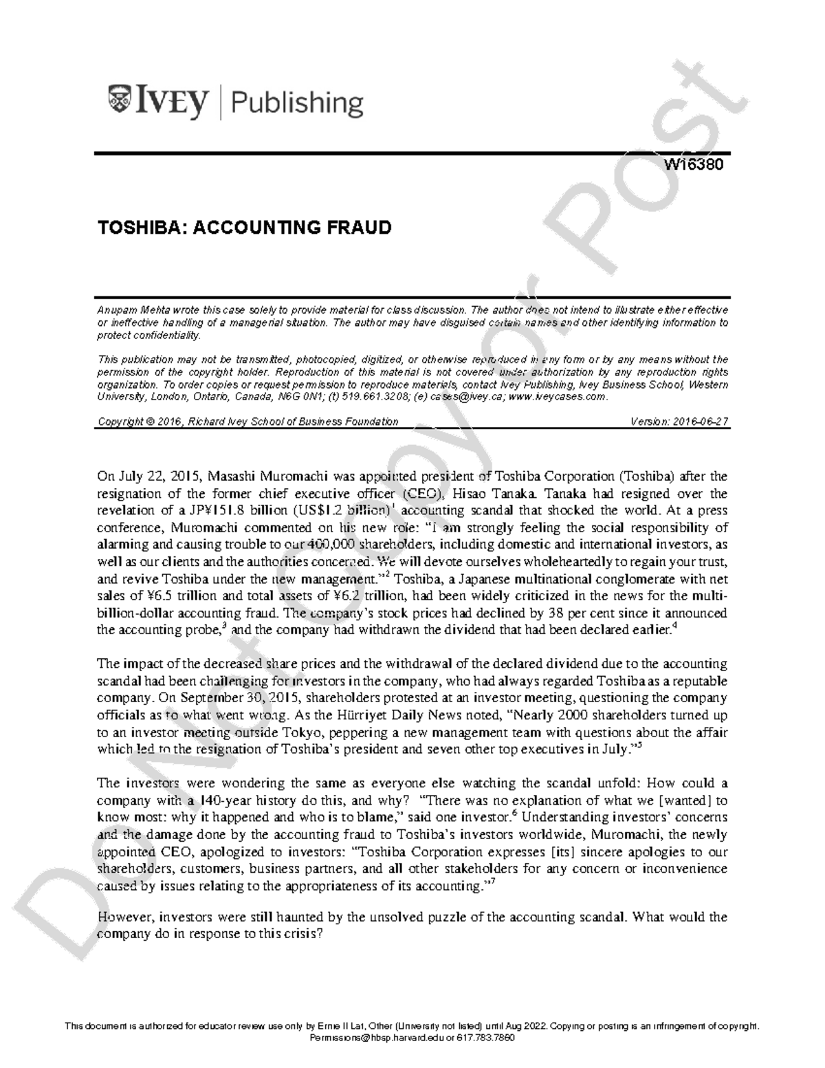 Case No. 2 Toshiba Accounting Fraud - W TOSHIBA: ACCOUNTING FRAUD ...