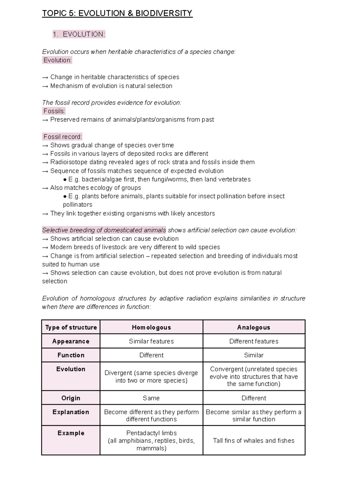5. Evolution & Biodiversity - TOPIC 5: EVOLUTION & BIODIVERSITY 1 ...